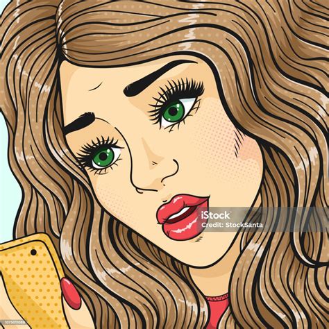 팝 아트 복고풍 걱정된 여자 스마트폰 슬픈 여자의 만화 벡터 일러스트 레이 션에 보고 여자에 대한 스톡 벡터 아트 및 기타