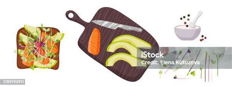 건강한 토스트와 재료의 요리 아보카도 연어 마이크로 그린 갈은 후추를 곁들인 유용한 간식 레시피 메뉴 카페 레스토랑 포스터 배너 헝겊 스티커 건강한 식습관 개념 아보카도에