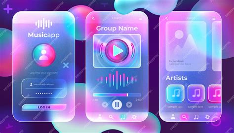 Glassmorphism Ui 음악 애플리케이션의 디자인 모바일 Ui 키트 프로스트 된 아크릴 모바일 앱 ⁇ 터 템플릿과 Ux