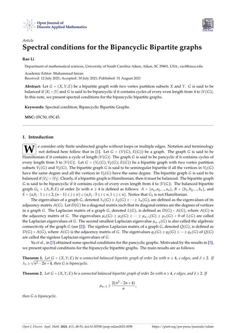 Pdf Spectral Conditions For The Bipancyclic Bipartite Graphs