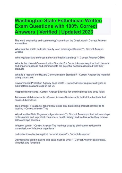 Washington State Esthetician Written Exam Questions And Answers 100 Correct Esthetician