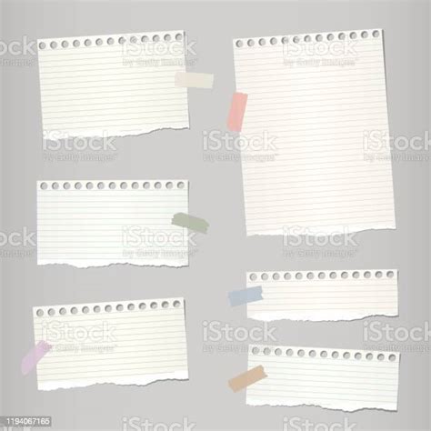 밝은 갈색 찢어진 노트의 조각 화려한 접착제와 노트북 종이 시트 회색 배경에 붙어 끈적 끈적한 테이프 줄 친 종이에 대한 스톡 벡터 아트 및 기타 이미지 Istock