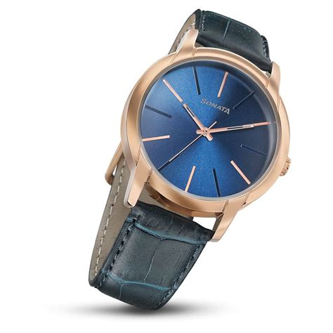 Sonata Beyond Gold Quartz Analog Blue Dial Leather Strap Watch For Men