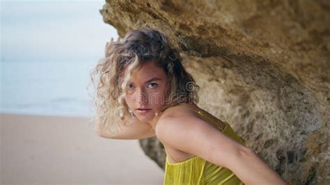 Seductive Woman Dancing Seacoast Under Stony Rock Close Up Girl Dancer