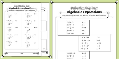 Substituting Into Algebraic Expressions Activity Sheet