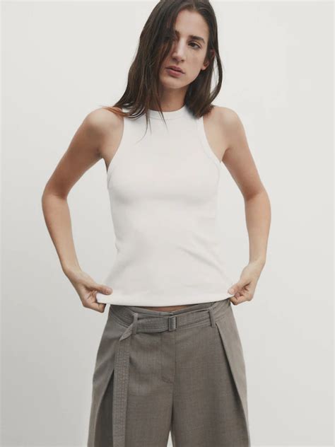 Ribbed Halter Top · Cream Navy Blue Black · T Shirts Massimo Dutti