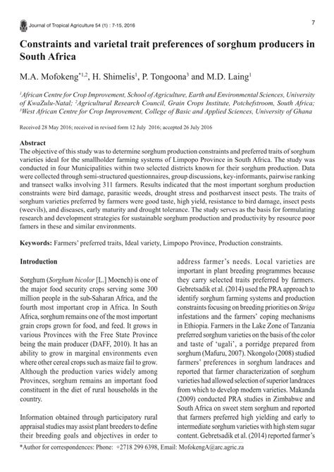 Pdf Constraints And Varietal Trait Preferences Of Sorghum Producers In South Africa