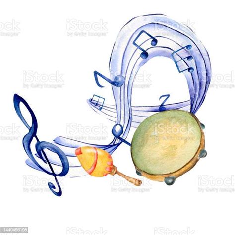 Treble Clef Musical Notes And Tambourine Watercolor Illustration On