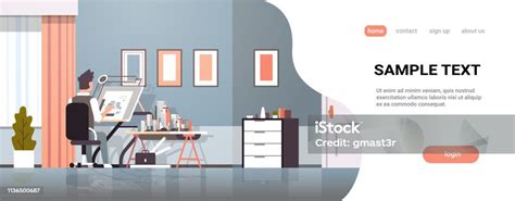 건축가 도면 청사진 도시 건물 계획 조정 보드 패닝 프로젝트 개념 엔지니어 앉아 직장 사무실 화가 스튜디오 인테리어 가로 전체 길이 복사 공간 가구에 대한 스톡 벡터 아트