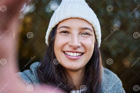 Forest Selfie And Happy Woman In Nature For Travel Adventure And Holiday Outdoor With Social