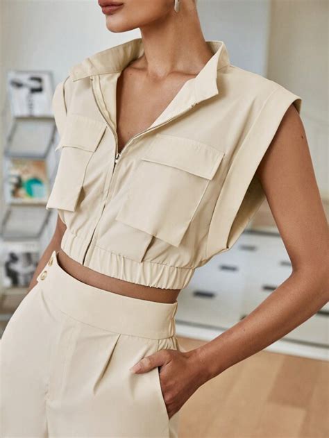Sollinarry Flap Pocket Vest Jacket Roll Up Hem Shorts SHEIN USA