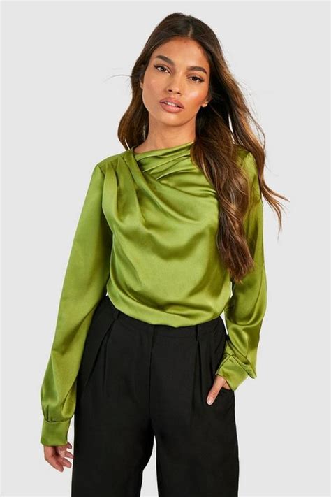 Olive Satin Twist Neck Blouse Boohoo Uk