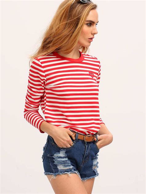 Red White Long Sleeve Striped T Shirtfor Women Romwe