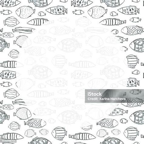 바다 바다 아쿠아리움에서 수영하는 많은 물고기 텍스트에 대한 공백이 있는 프레임입니다 손으로 석탄으로 그린 바다 음식 레스토랑 메뉴 카드 포장지 직물 인쇄 셔츠 책 저널