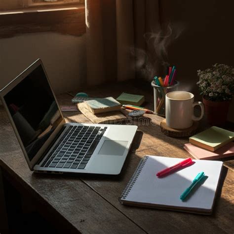 Ai Generated Office Desk With Laptop Computer Monitor Keyboard And Supplies Stock
