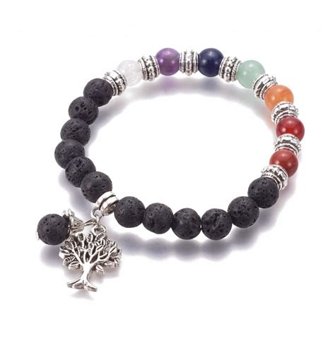 Pierre De Lave And 7 Chakras 8mm Bracelet Arbre De Vie Elastique