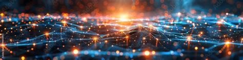 glowing tech web with digital nodes and lines dark blue background