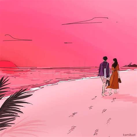 핑크빛 해변 바다 해변 커플 일러스트 디지털드로잉 그림 드로잉 사랑 연인 감성 감성일러스트 Drawing