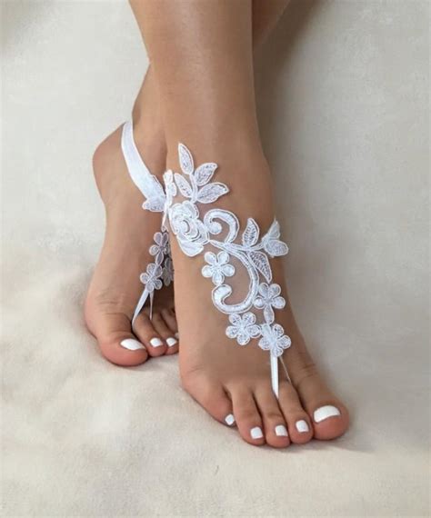 White Lace Barefoot Sandals Free Ship Beach Wedding Barefoot Sandals