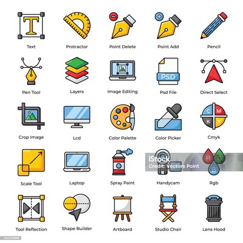 그래픽 디자인 평면 아이콘 팩 텍스트 각도기 포인트 삭제 추가 연필 펜 도구 레이어 이미지 편집 파일 선택 자르기 Lcd 팔레트 피커 Cmyk 규모 노트북 페인트 스프레이