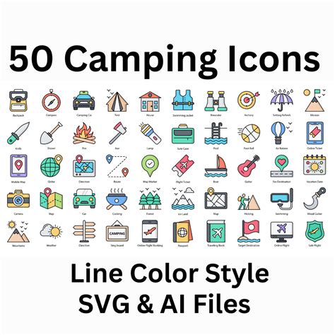 Camping Icon Set 50 Line Color Icons SVG And AI Files MasterBundles