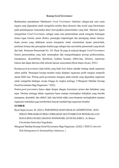 Konsep Good Governance Tugas KP Konsep Good Governance Berdasarkan Pemahaman Mardiasmo Good