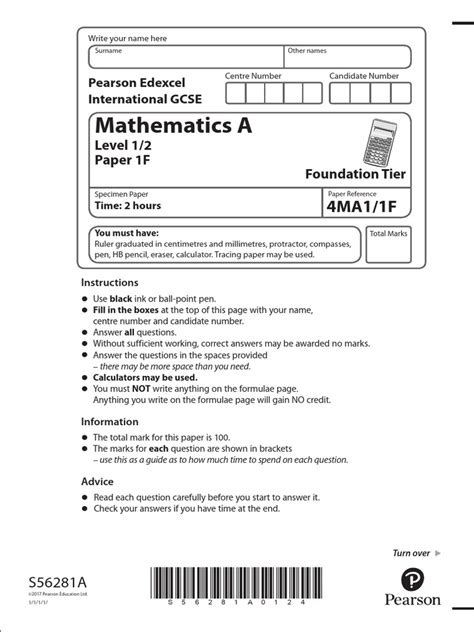 4ma1 1f Specimen Papers Question Paper Igcse Edexcel Maths Pdf Area Geometry