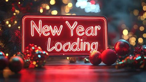 New Year Loading Neon Sign With Christmas Background Festive Lights