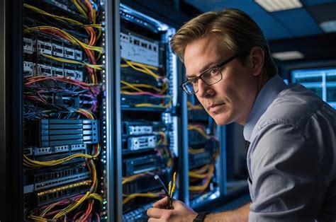 Supervisor In Server Farm Overseeing Engineer Fixing Network Issues