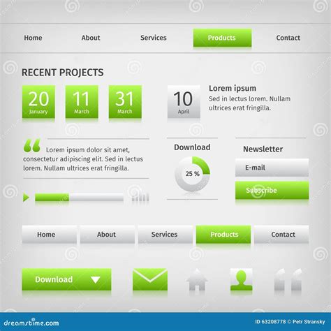 Web Site Design Elements With Green Buttons Hover Stock Vector