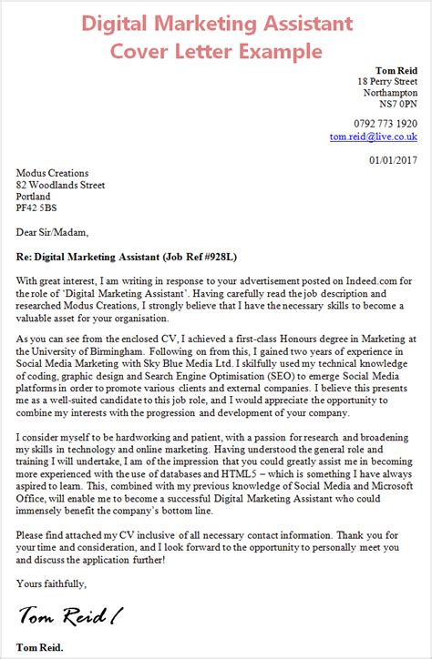 Digital Marketing Assistant Cover Letter With Work Experience