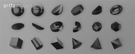 3d Render Black Geometric Shapes Objects Set Isolated On Grey