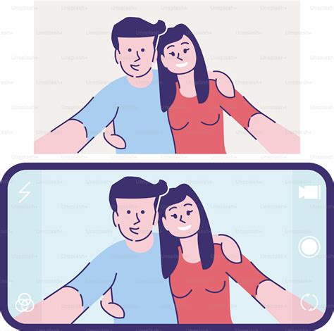 Selfie 평면 벡터 일러스트 레이 션입니다 사랑에 빠진 커플이 사진을 찍고 있습니다 미소 짓는 남자와 여자가 낭만적 인