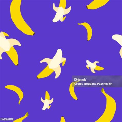 밝은 과일 패턴 밝은 보라색 배경에 고립 된 바나나 신선한 과일을 곁들인 현대적인 일러스트레이션 계절에 대한 스톡 벡터 아트 및 기타 이미지 Istock