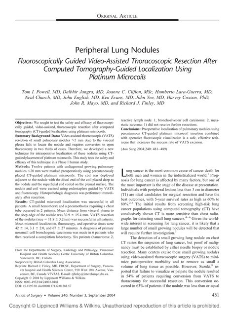 Pdf Peripheral Lung Nodules Fluoroscopically Guided Video Assisted Thoracoscopic Resection