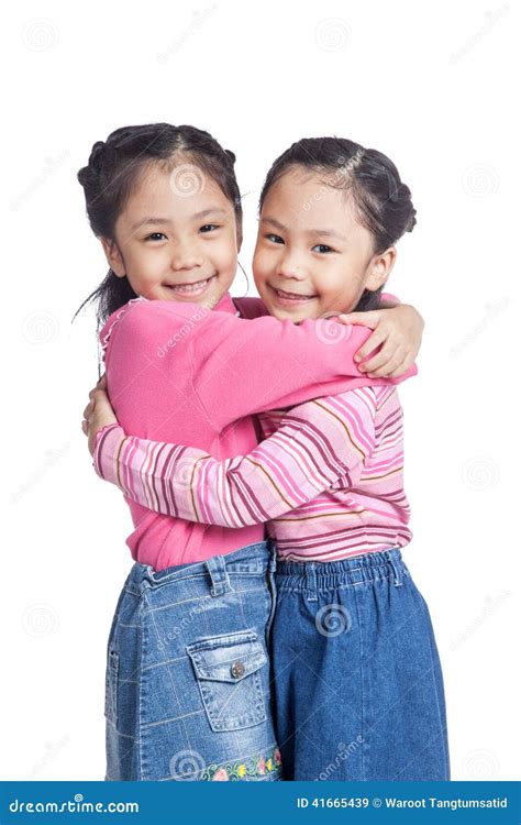Asian Twin Sisters Hug Each Other With Love Stock Image Image Of