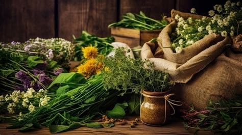 Premium AI Image Gathering Wild Herbs For Various Medicinal And