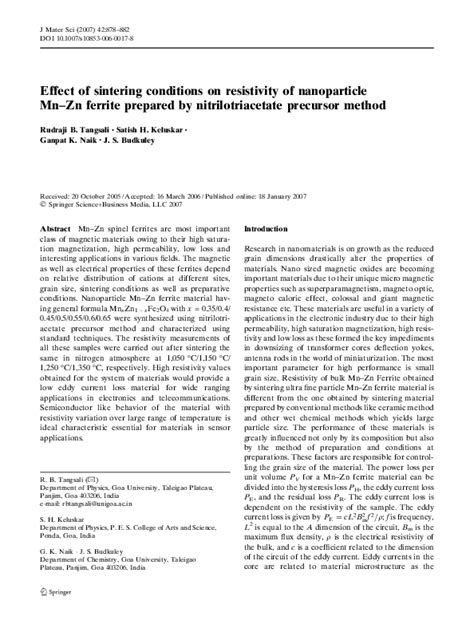 Pdf Effect Of Sintering Conditions On Resistivity Of Nanoparticle Mn
