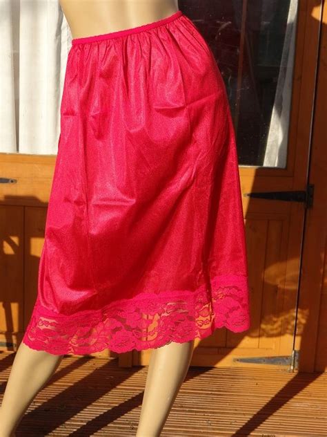 Vintage Red Silky Nylon Half Slip 5 Delicate Floral Design Lace Hem