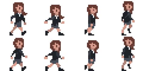 ウォークサイクルアニメーション 女性ビジネスマンキャラクター 8ビットピクセルアートスプリットシート Premiumベクトル素材