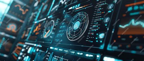 Premium Photo Futuristic Interface With Complex Data Analytics On Glowing Screens In A Dark Room