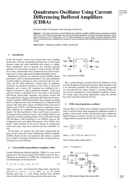 Pdf Quadrature Oscillator Using Current Differencing Buffered Amplifiers Cdba