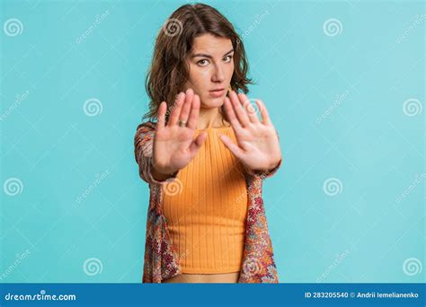 Woman Say No Hold Palm Folded Crossed Hands In Stop Gesture Warning Of Finish Prohibited Access