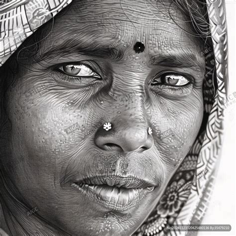 Ai创作图印度的水墨画 写实人物绘画 印度水墨画 印第安人手绘 民族人物素描 高清铅笔画 高清素描画 写实人物手绘 人物面部纹 印度插画手绘装饰画 印尼妇女像 少数民族女性雕刻 超写实插画