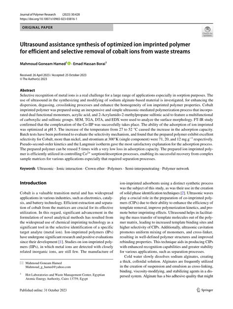 Pdf Ultrasound Assistance Synthesis Of Optimized Ion Imprinted