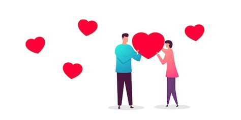 만화 남자와 여자는 심장 모양 그림을 개최 프리미엄 벡터