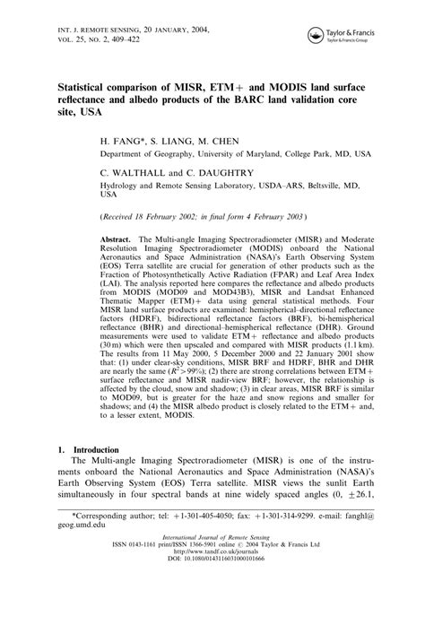 Pdf Statistical Comparison Of Misr Etm And Modis Land Surface