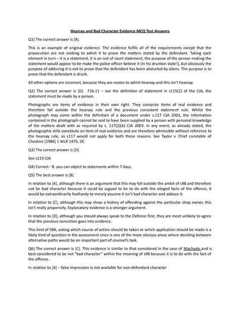 Ct Hearsay Mcq Cass Test Answrs Hearsay And Bad Character Evidence