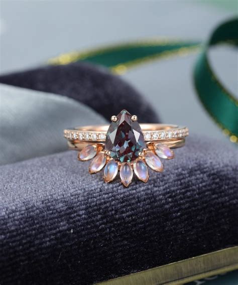 Pear Shaped Engagement Ring Set Vintage Alexandrite Moonstone Wedding