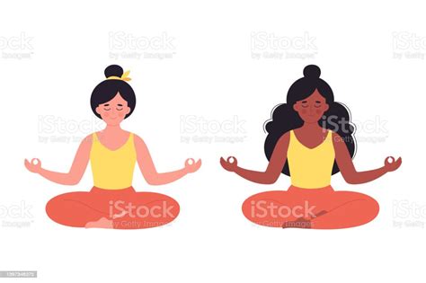 연꽃에서 명상하는 여성들은 포즈를 취합니다 건강한 라이프 스타일 요가 휴식 호흡 운동 세계 요가의 날 손으로 그린 벡터 일러스트